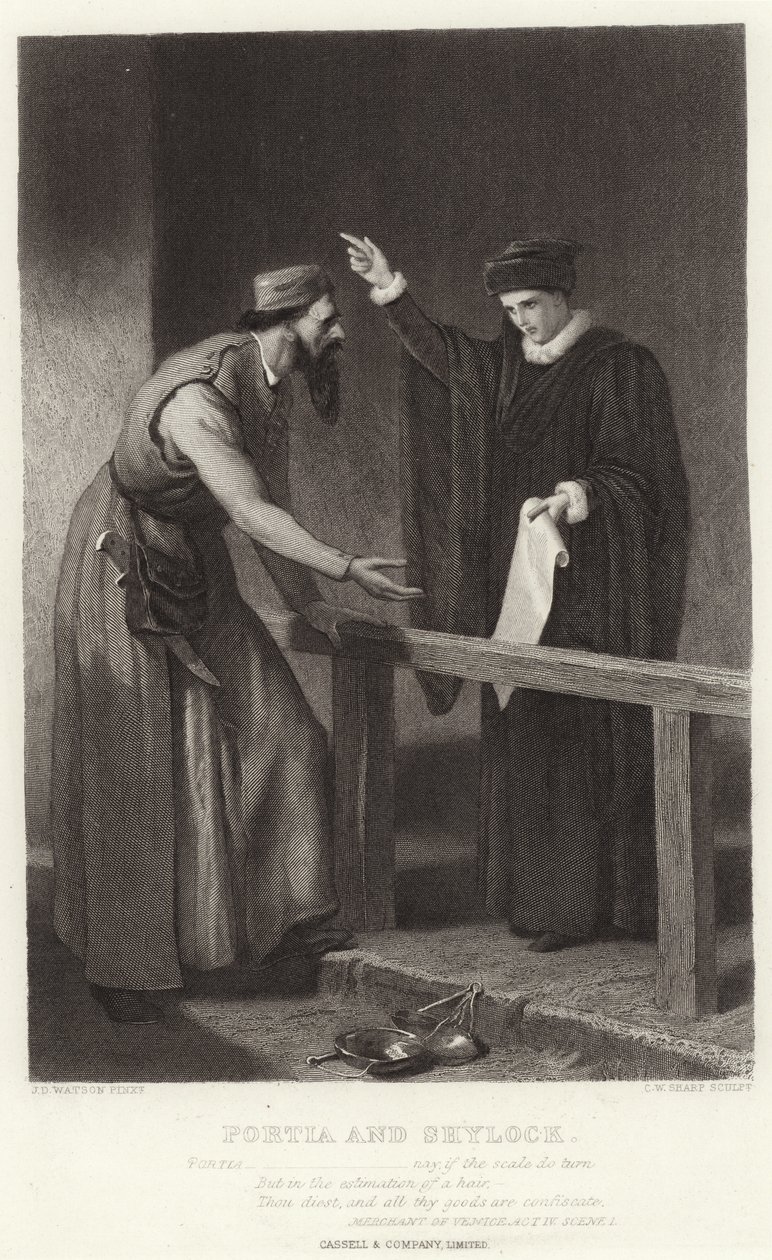 Portia och Shylock, Venedigs köpman, akt IV, scen I
