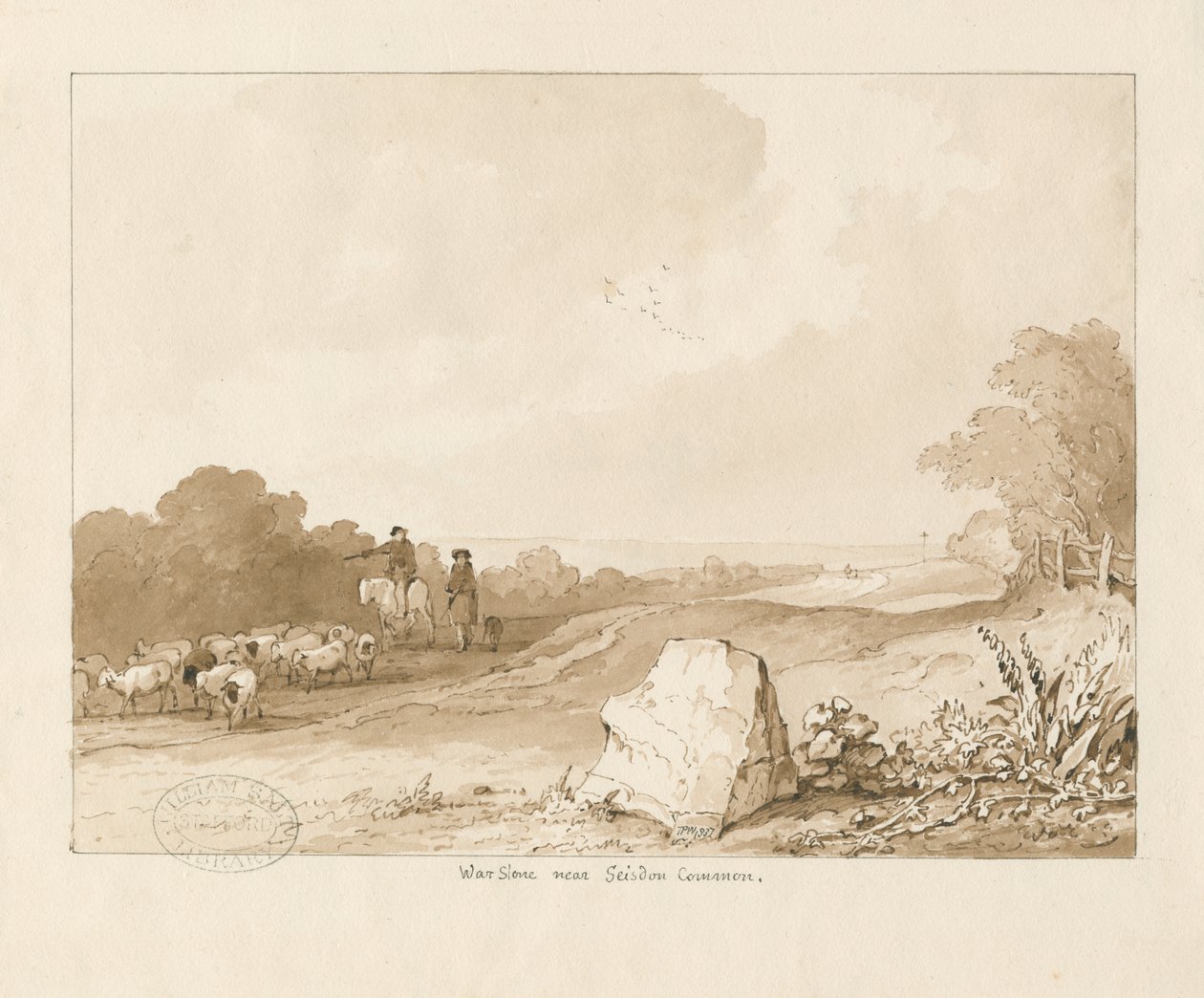 Trysull - "War Stone near Seisdon Common": ritning med penna och sepia ...
