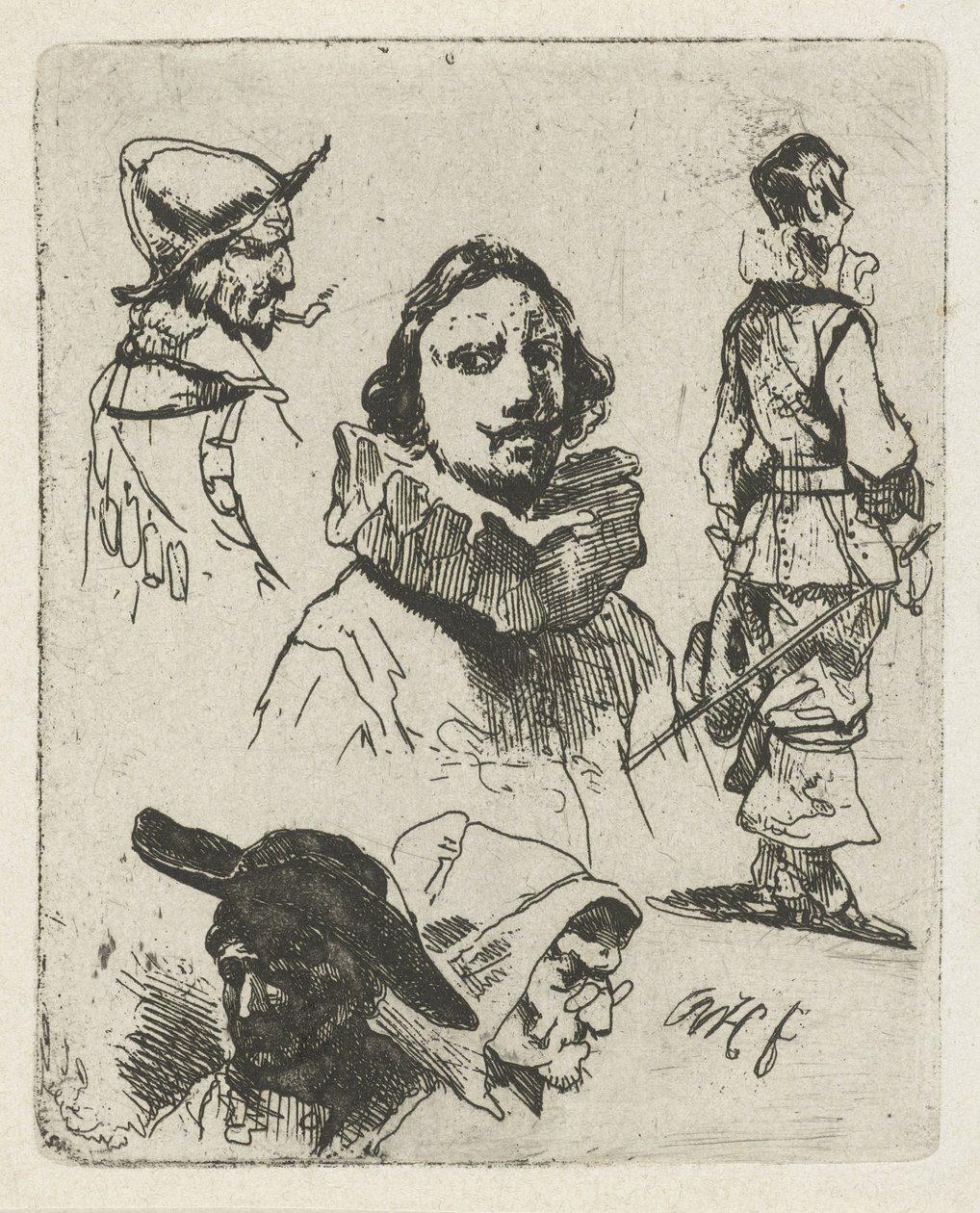 Studieblad med soldater och en gammal kvinna | Konsttryck
